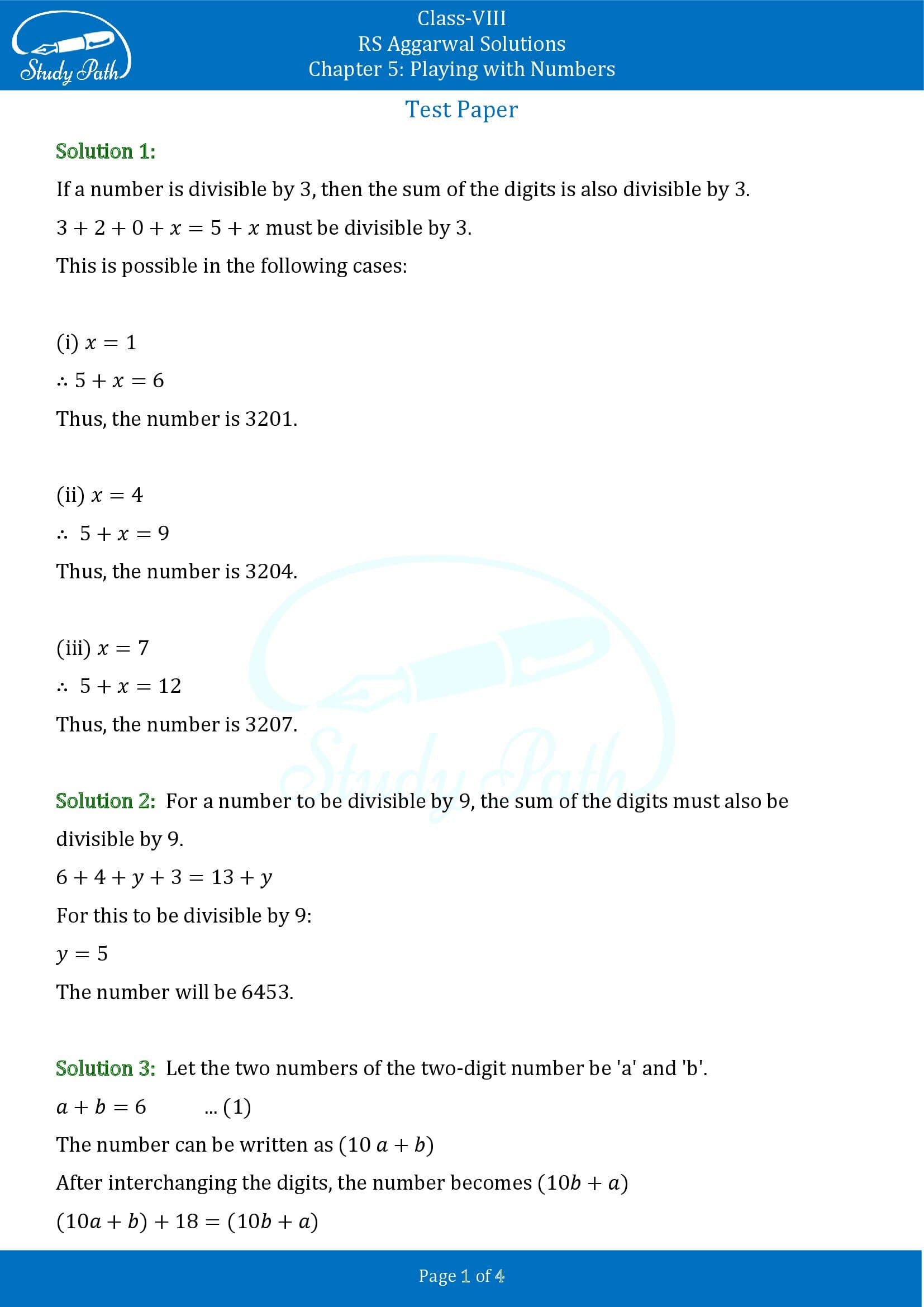 Playing With Numbers Chapter 5 Test Paper RS Aggarwal Class 8 Solutions