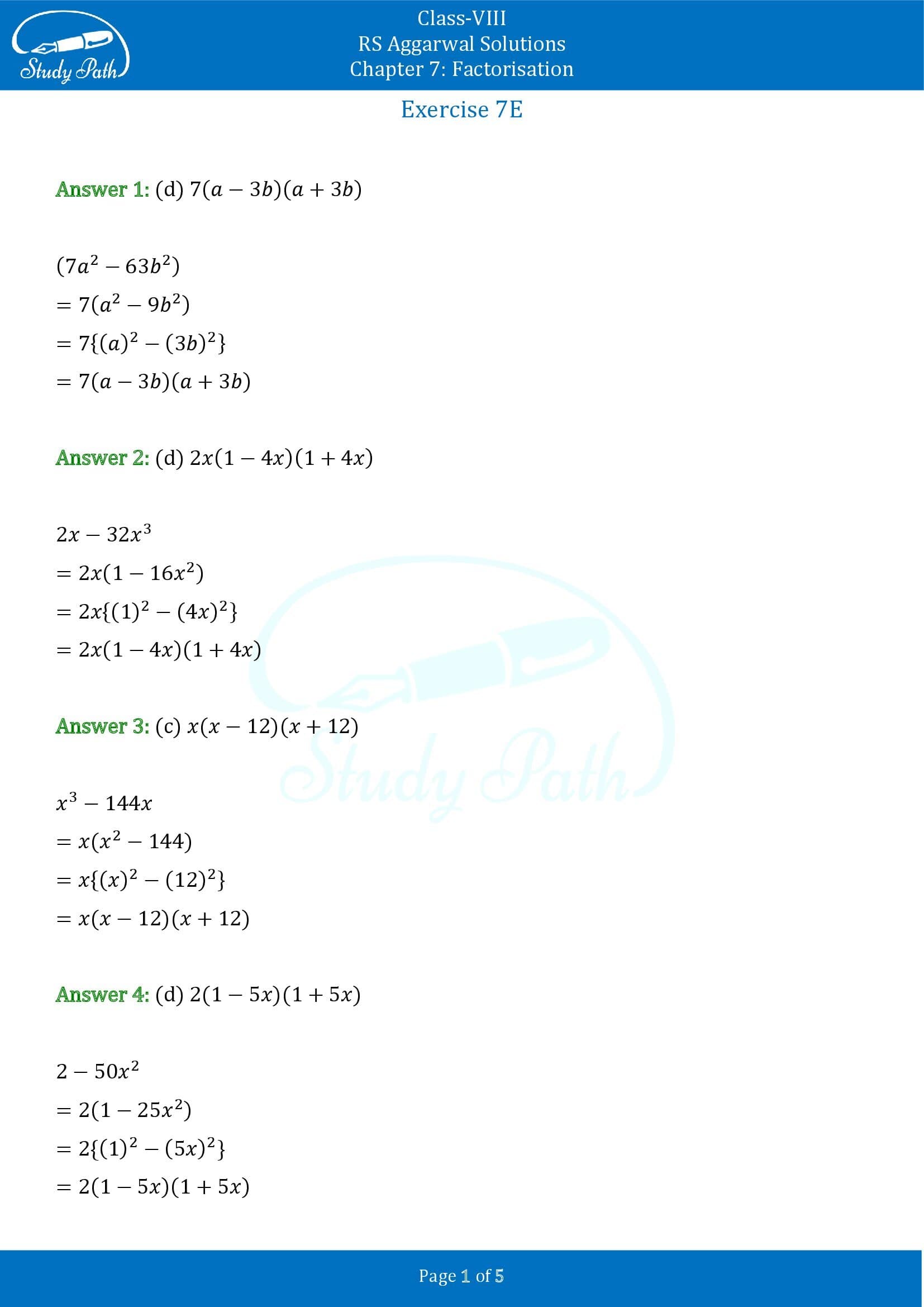RS Aggarwal Solutions Class 8 Exercise 7E Chapter 7 Factorisation