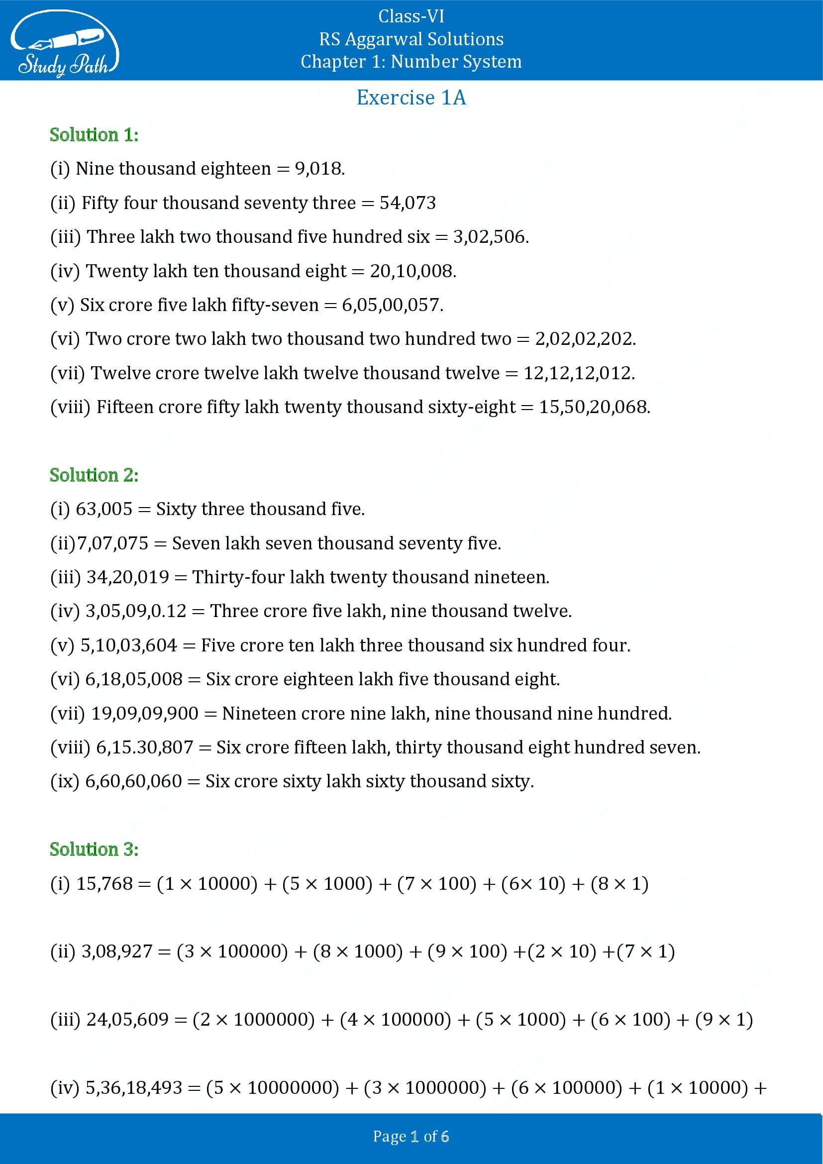 RS Aggarwal Class 6 Solutions Exercise 1A Chapter 1 Number System RS Aggarwal Class 6 Solutions Exercise 1A Chapter 1 Number System