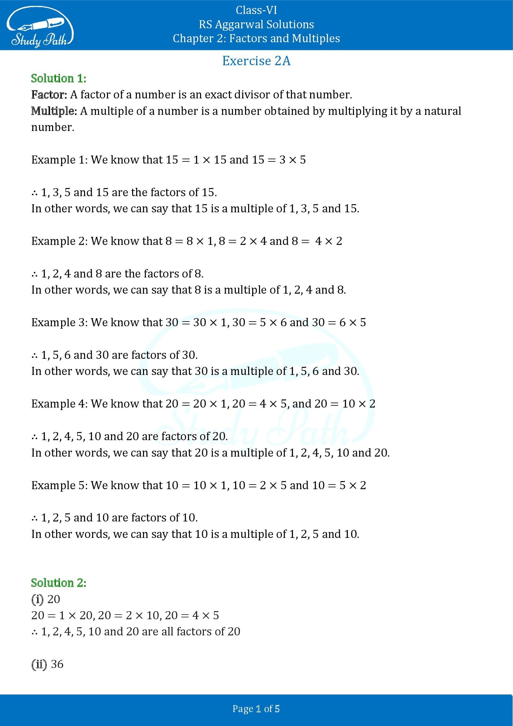 RS Aggarwal Class 6 Solutions Exercise 2A Chapter 2 Factors And