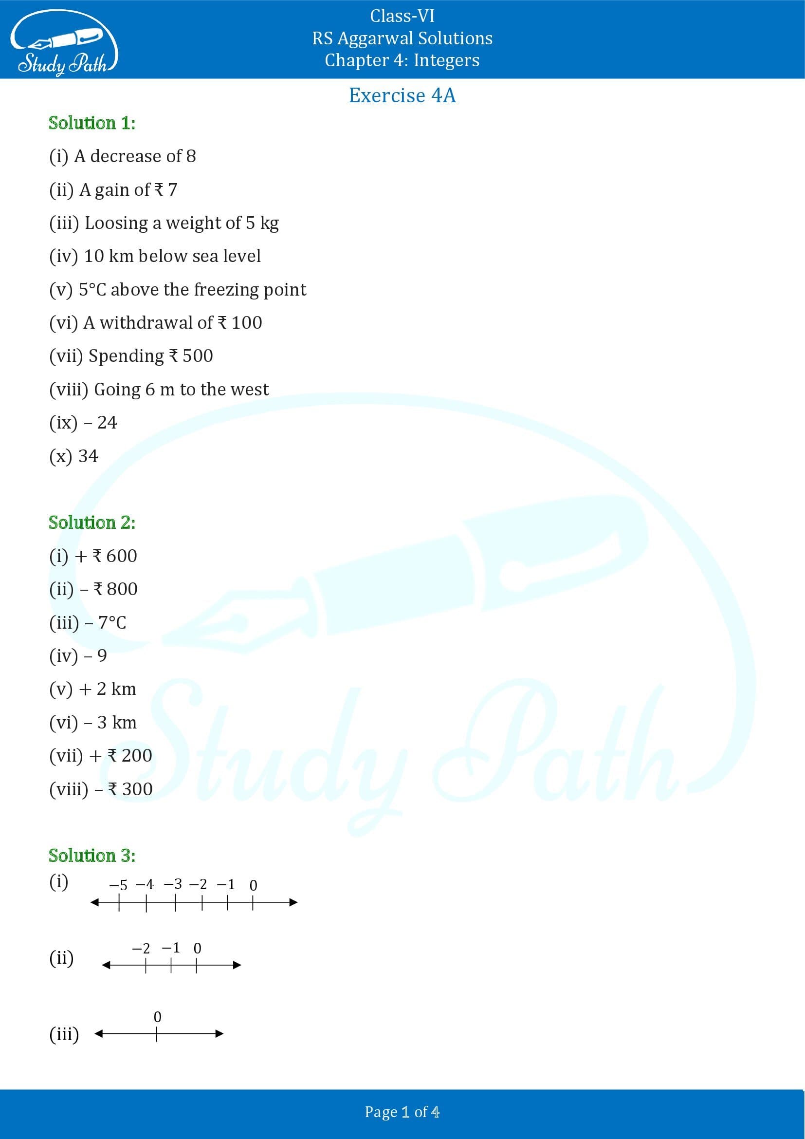 RS Aggarwal Class 6 Solutions Exercise 4A Chapter 4 Integers Study Path RS Aggarwal Class 6 Solutions Exercise 4A Chapter 4 Integers Study Path