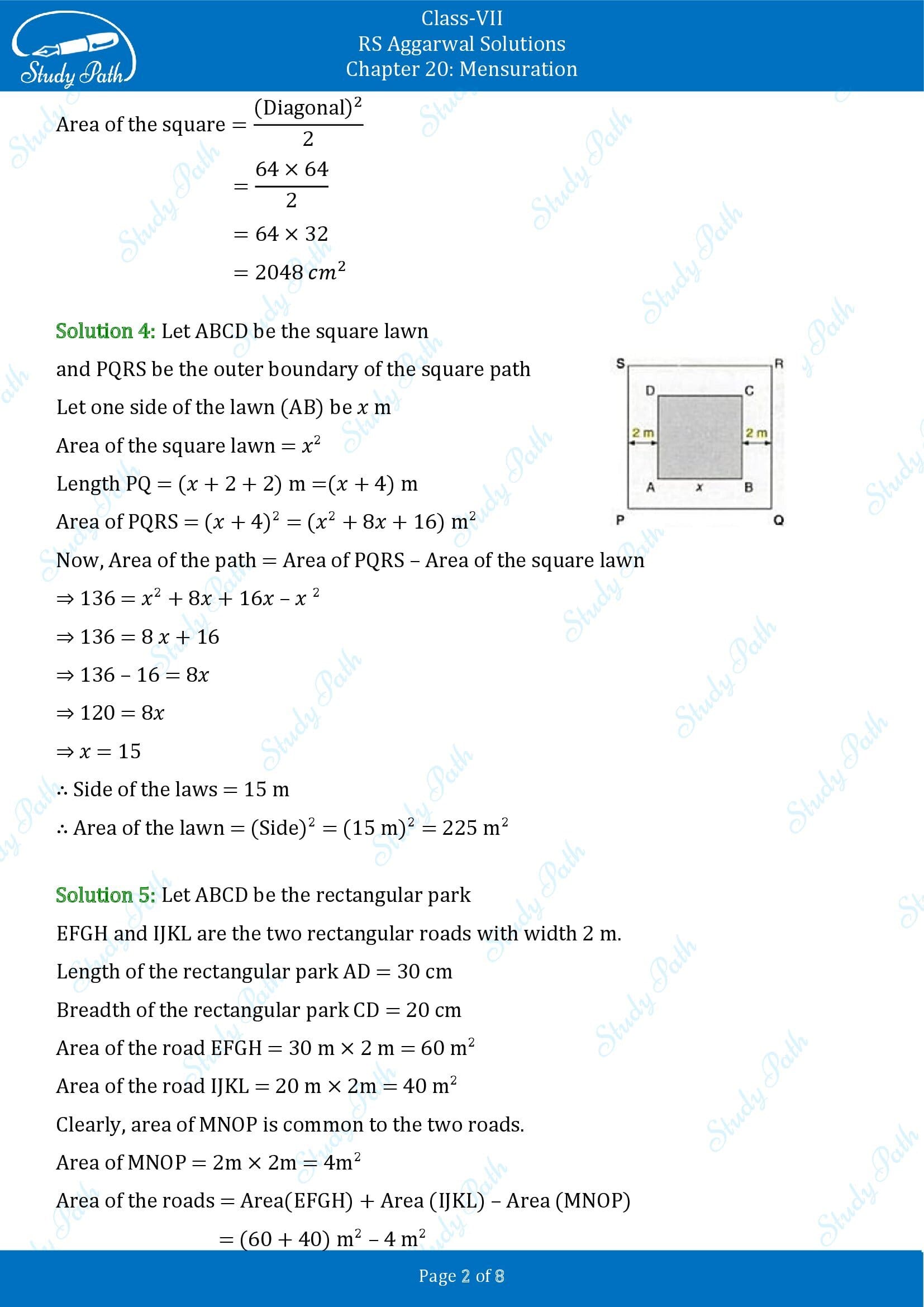 RS Aggarwal Solutions Class 7 Test Paper Chapter 20 Mensuration Study RS Aggarwal Solutions Class 7 Test Paper Chapter 20 Mensuration Study