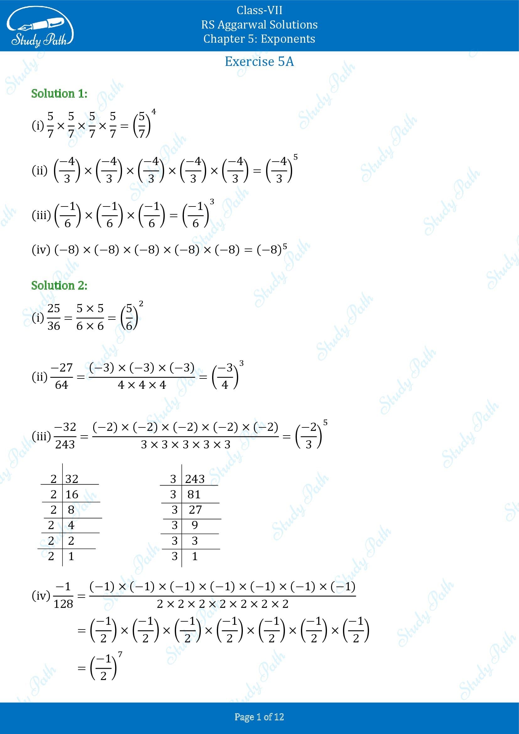 RS Aggarwal Solutions Class 7 Exercise 5A Chapter 5 Exponents Study Path
