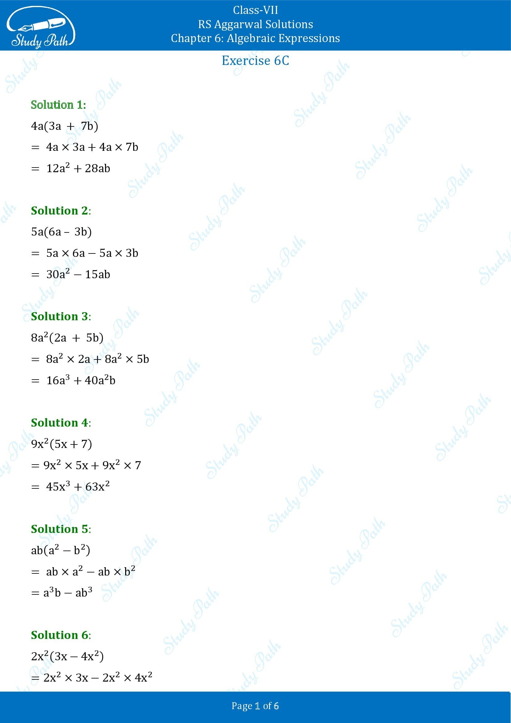 RS Aggarwal Solutions Class 7 Exercise 6C Chapter 6 Algebraic Expressions