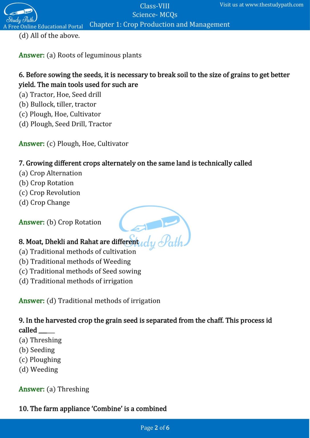 MCQ for Class 8 Science Chapter 1 Crop Production and Management with Answers