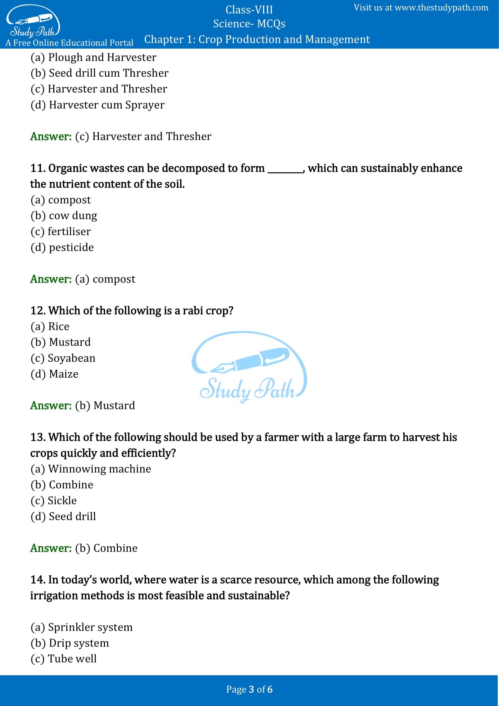 MCQ For Class 8 Science Chapter 1 Crop Production And Management With