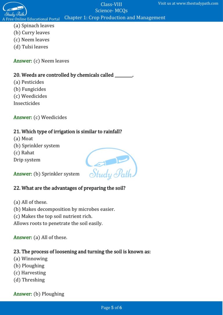 MCQ for Class 8 Science Chapter 1 Crop Production and Management with Answers