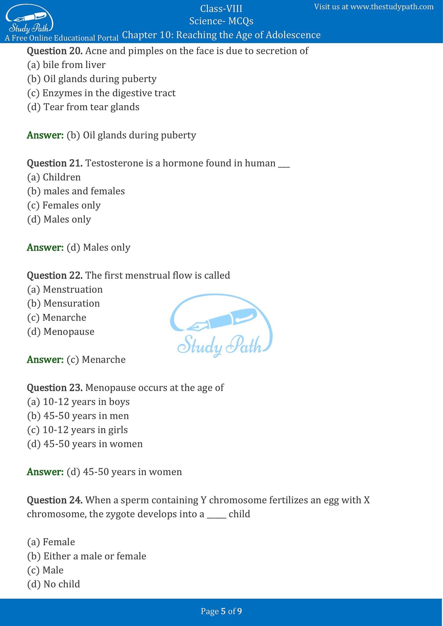 Class 8 Science Chapter 10 Reaching the Age of Adolescence MCQ with Answers