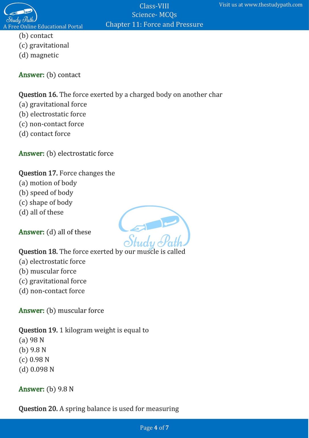 Class 8 Science Chapter 11 Force and Pressure MCQ with Answers