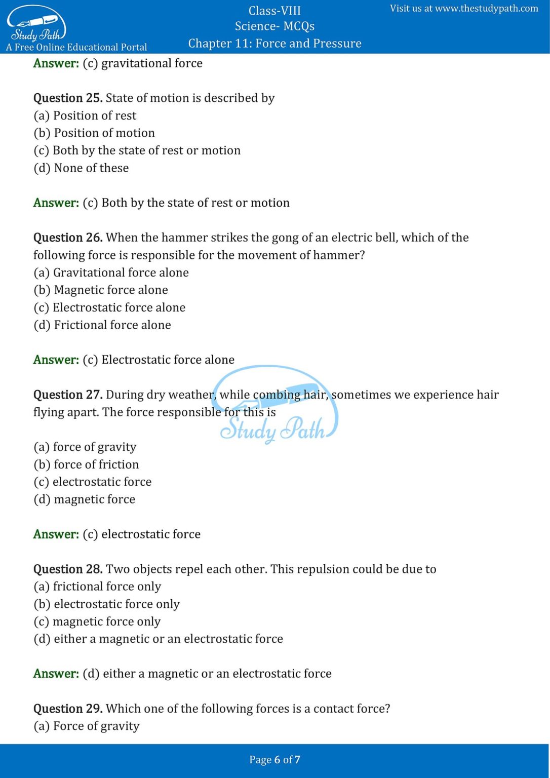 Class 8 Science Chapter 11 Force and Pressure MCQ with Answers