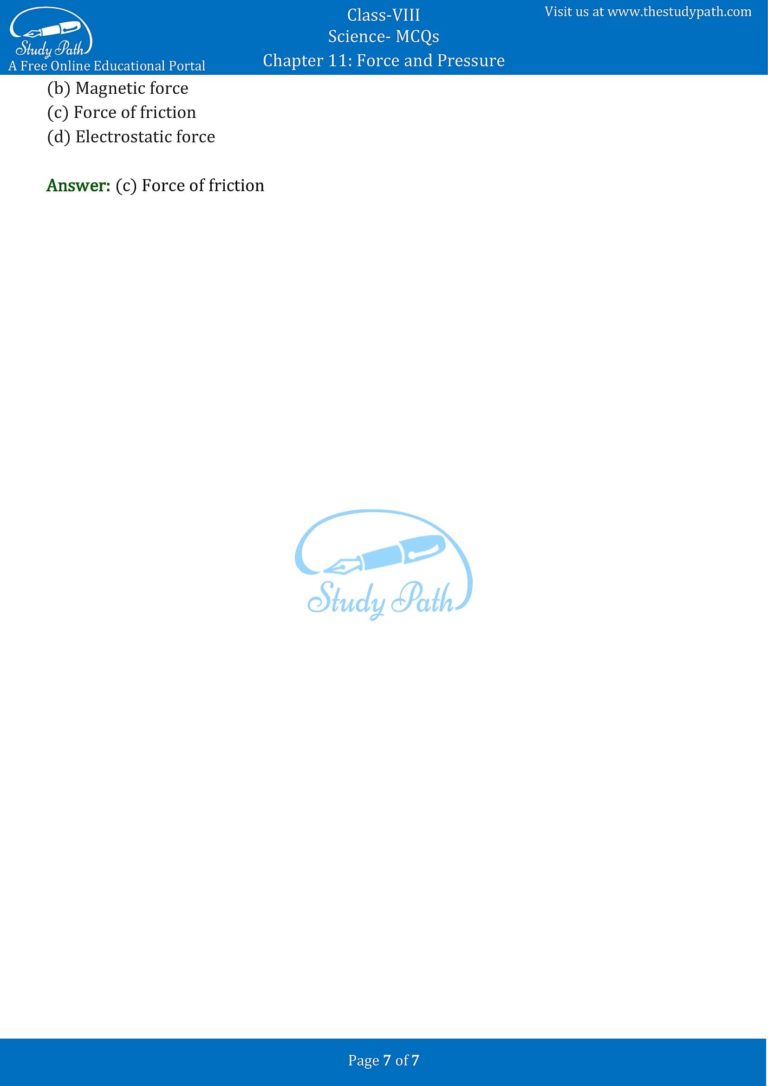 Class 8 Science Chapter 11 Force and Pressure MCQ with Answers