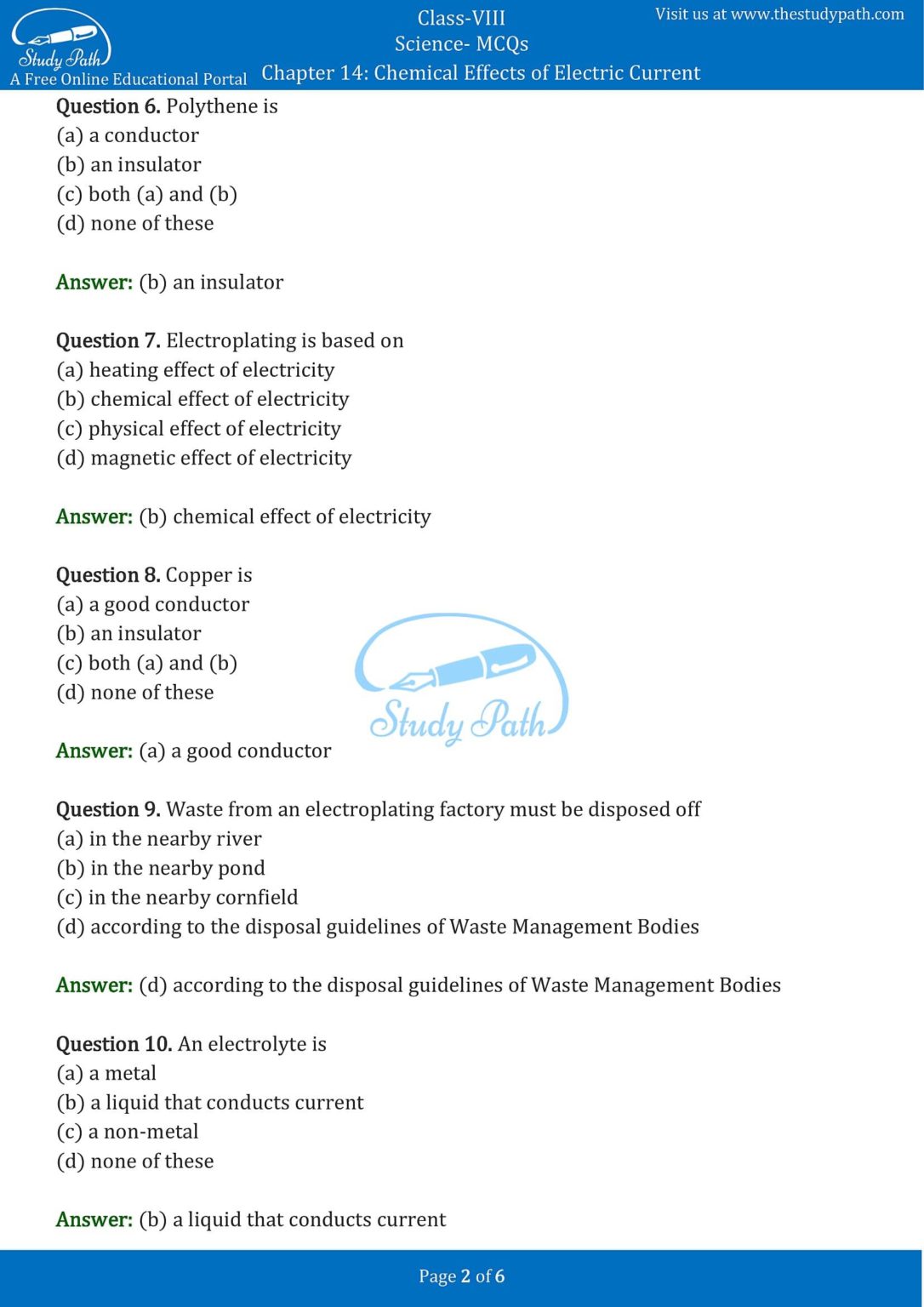 Class 8 Science Chapter 14 Chemical Effects of Electric Current MCQ ...
