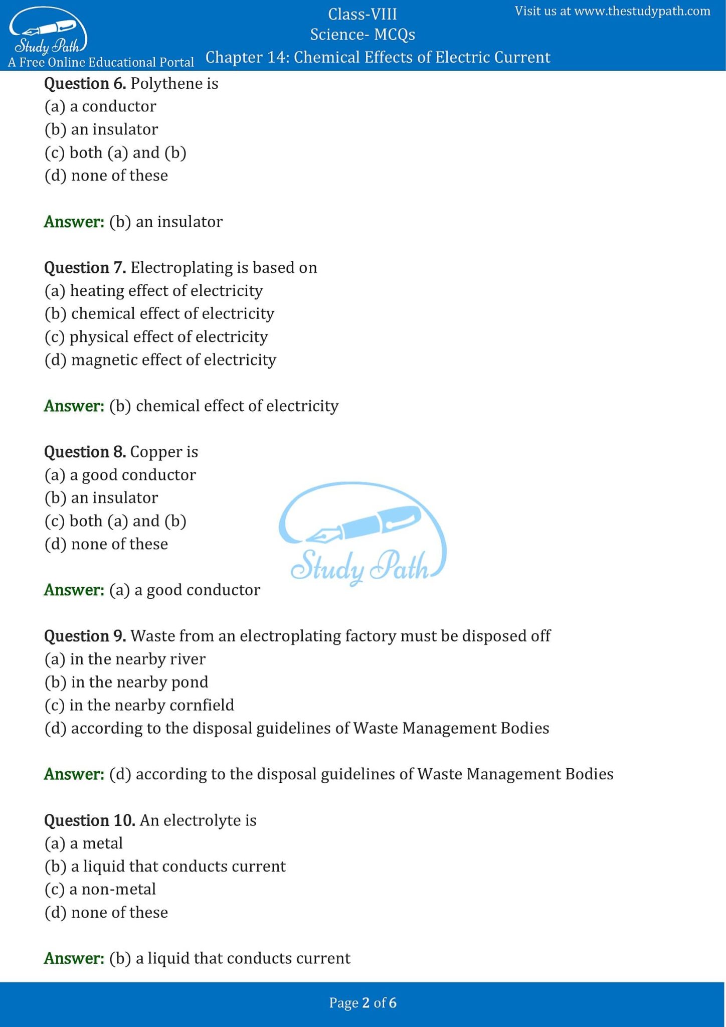 Class 8 Science Chapter 14 Chemical Effects of Electric Current MCQ with Answers