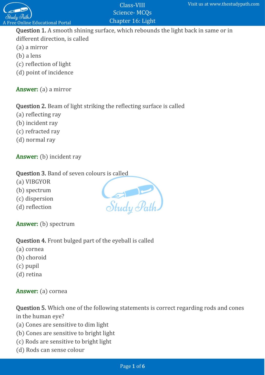Class 8 Science Chapter 16 Light MCQ with Answers – Study Path