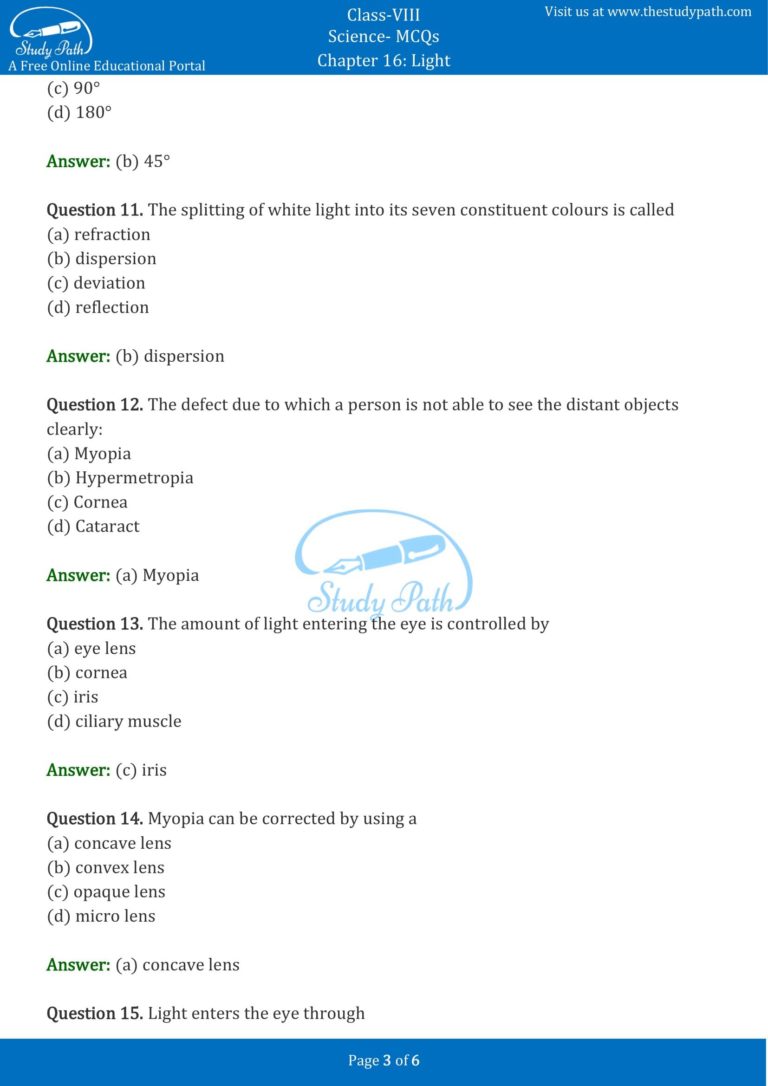 Class 8 Science Chapter 16 Light MCQ with Answers – Study Path