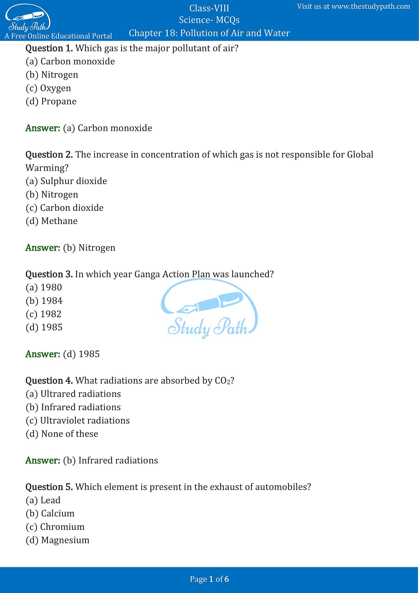 Class 8 Science Chapter 18 Pollution Of Air And Water MCQ With Answers Class 8 Science Chapter 18 Pollution Of Air And Water MCQ With Answers