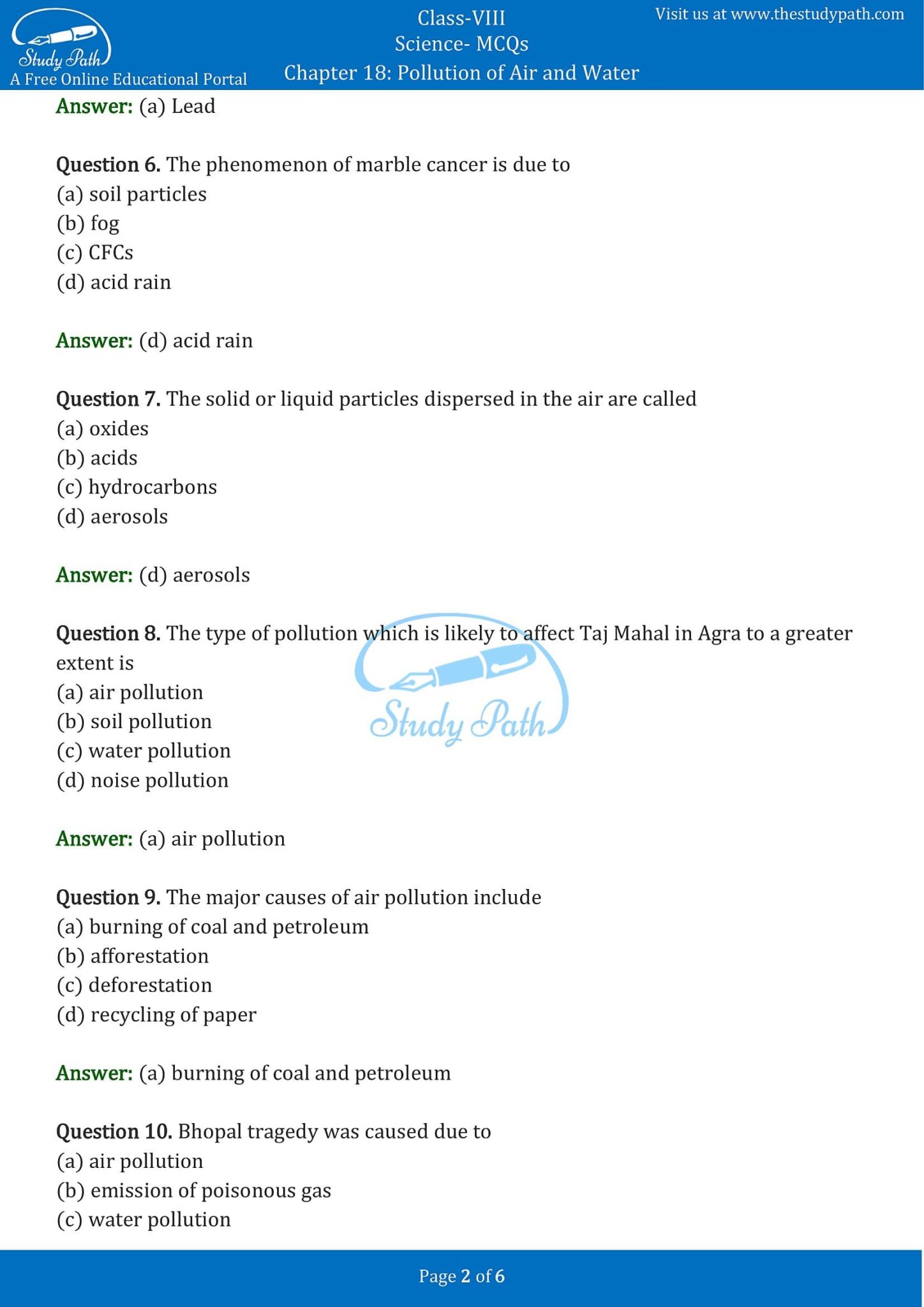 Class 8 Science Chapter 18 Pollution of Air and Water MCQ with Answers