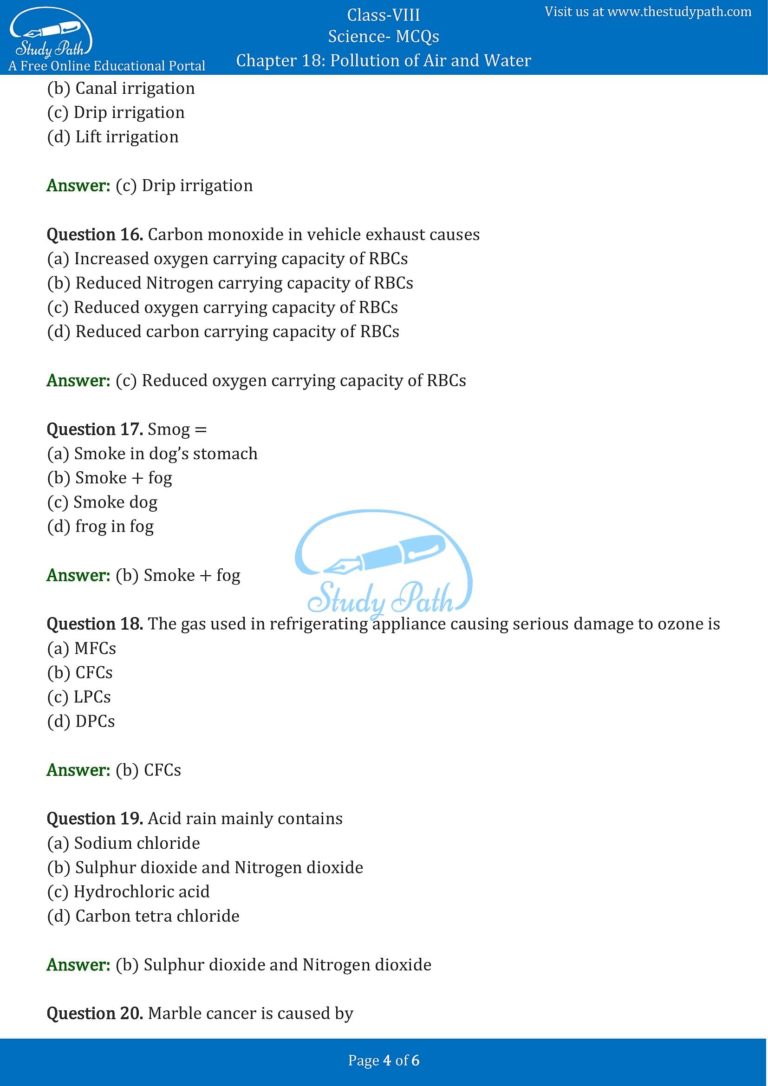 Class 8 Science Chapter 18 Pollution of Air and Water MCQ with Answers