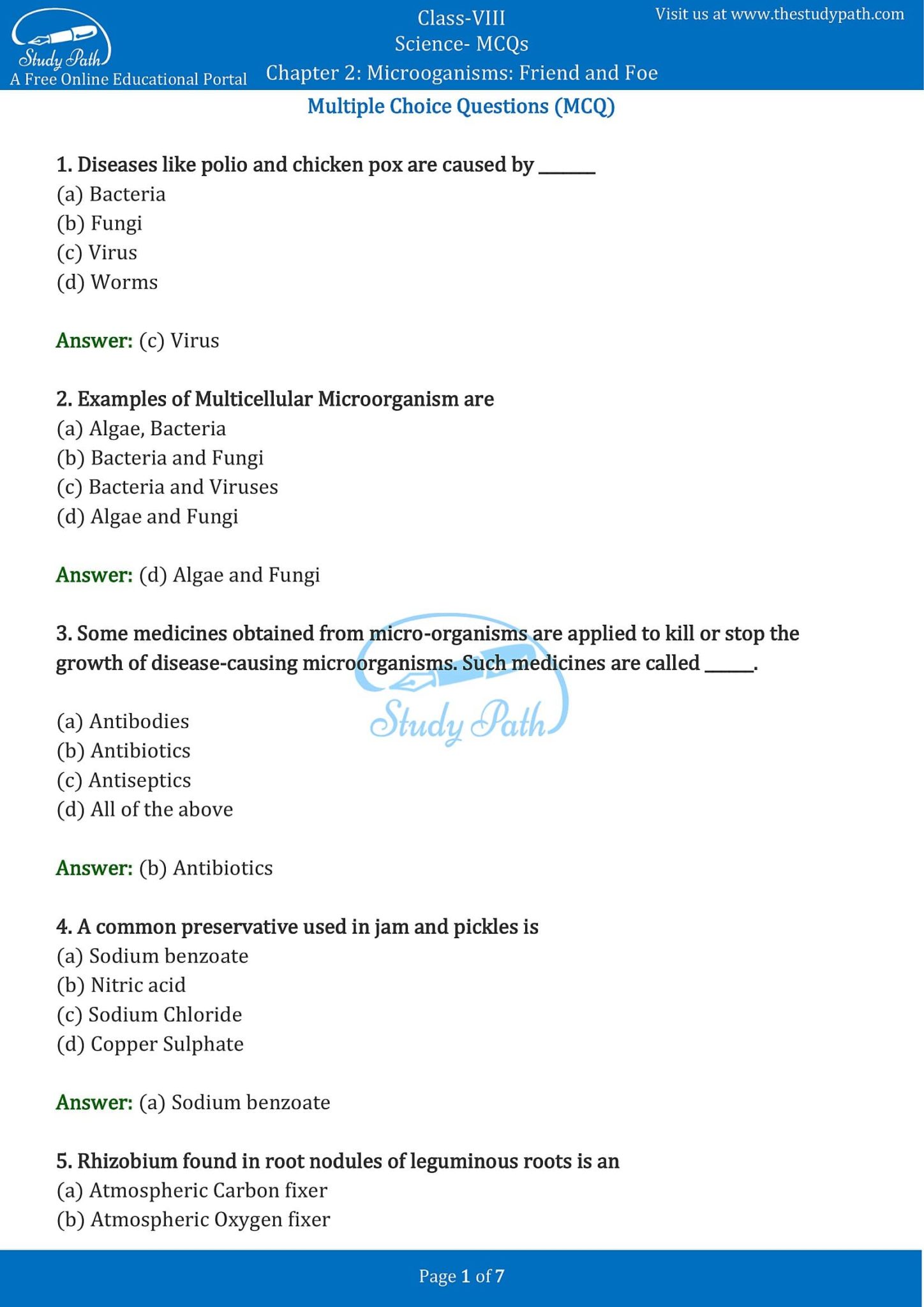 Class 8 Science Chapter 2 Microorganisms Friend and Foe MCQ with Answers