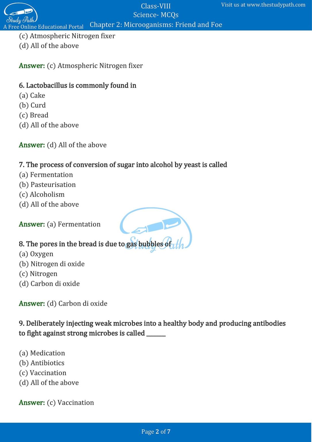 Class 8 Science Chapter 2 Microorganisms Friend and Foe MCQ with Answers