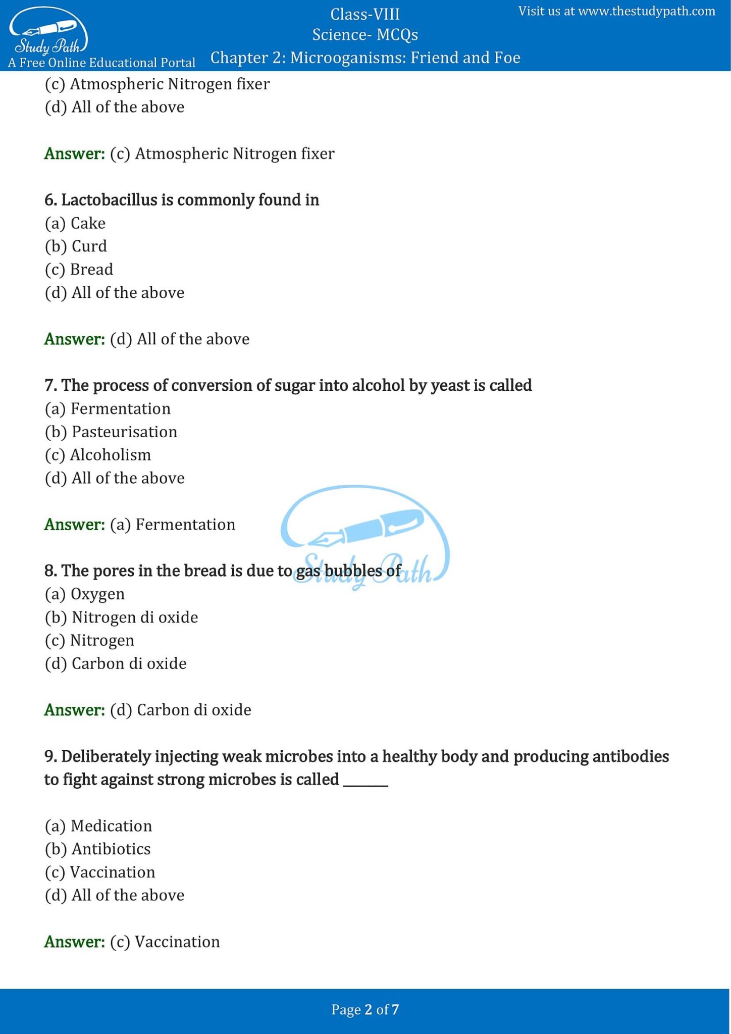 Class 8 Science Chapter 2 Microorganisms Friend and Foe MCQ with Answers