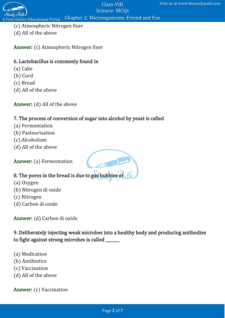 Class 8 Science Chapter 2 Microorganisms Friend and Foe MCQ with Answers