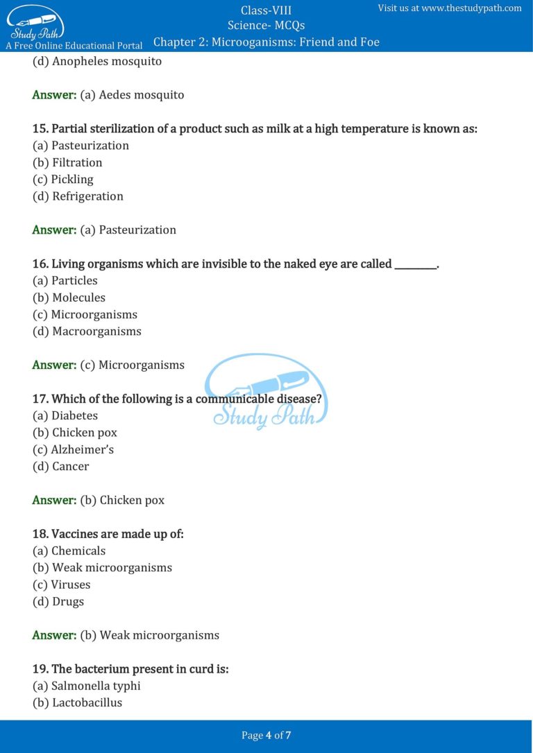 Class 8 Science Chapter 2 Microorganisms Friend and Foe MCQ with Answers