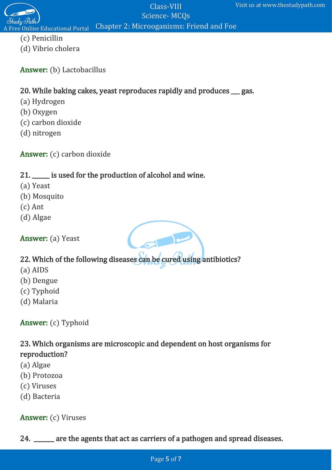 Class 8 Science Chapter 2 Microorganisms Friend and Foe MCQ with Answers
