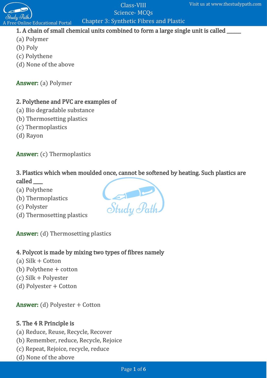 Class 8 Science Chapter 3 Synthetic Fibres and Plastics MCQ with Answers