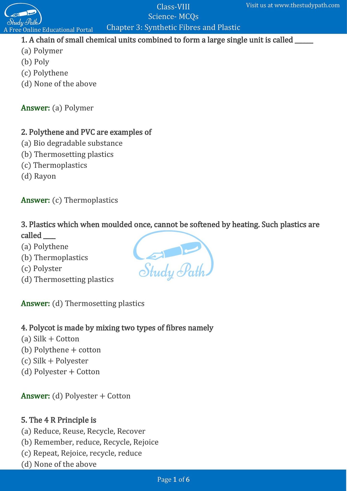 Class 8 Science Chapter 3 Synthetic Fibres And Plastics MCQ With Answers Class 8 Science Chapter 3 Synthetic Fibres And Plastics MCQ With Answers