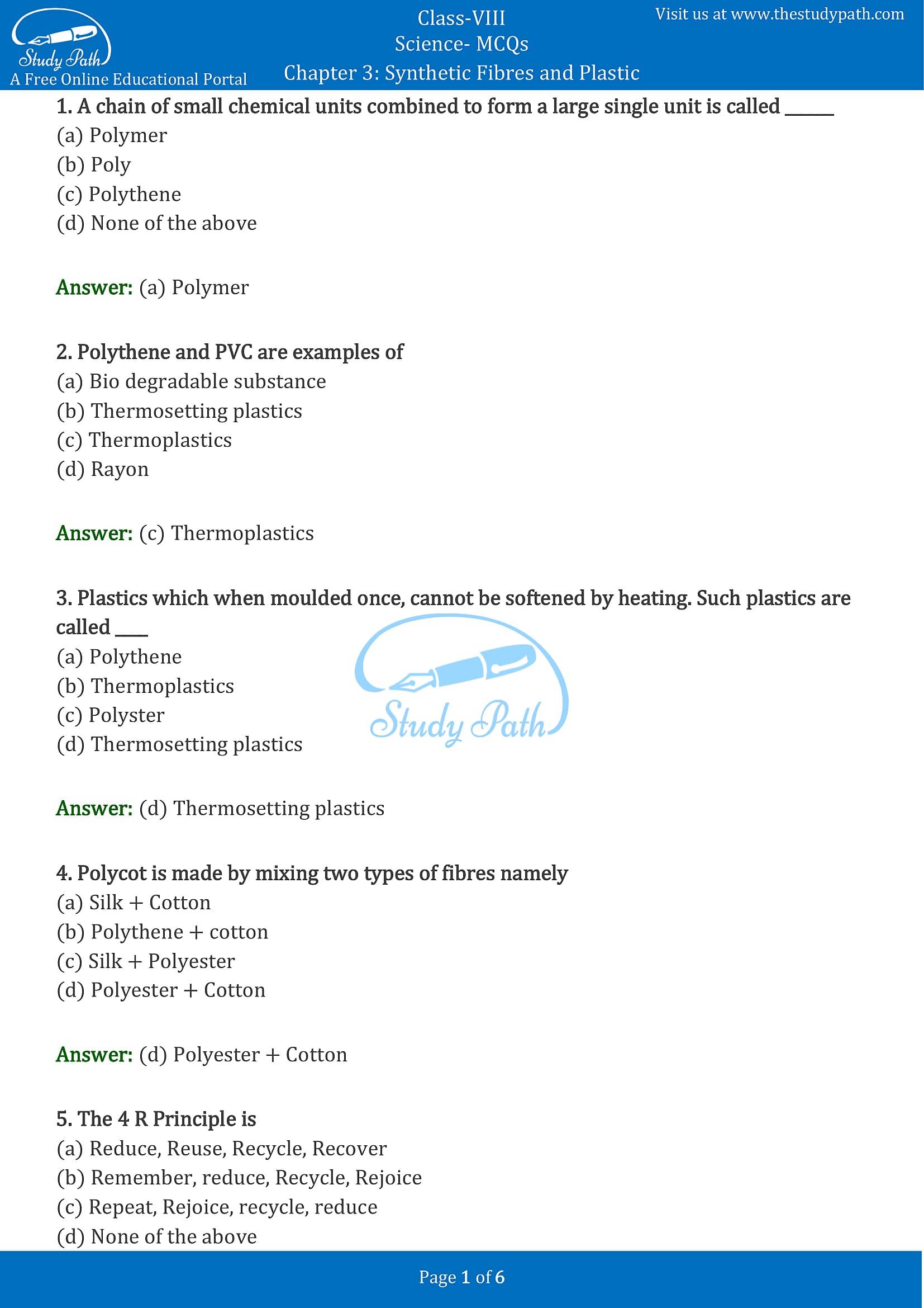 Class 8 Science Chapter 3 Synthetic Fibres And Plastics MCQ With Answers