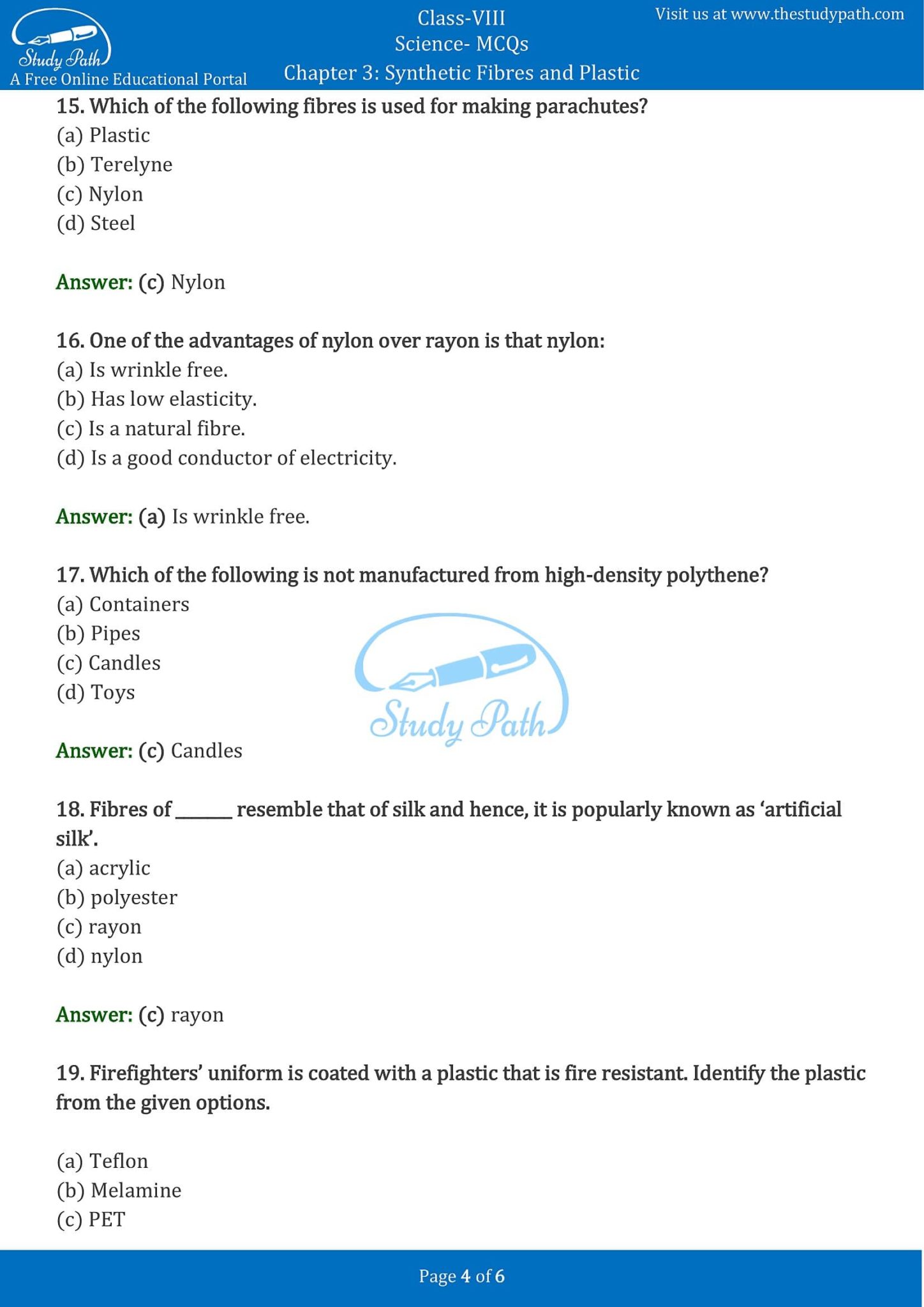 Class 8 Science Chapter 3 Synthetic Fibres and Plastics MCQ with Answers