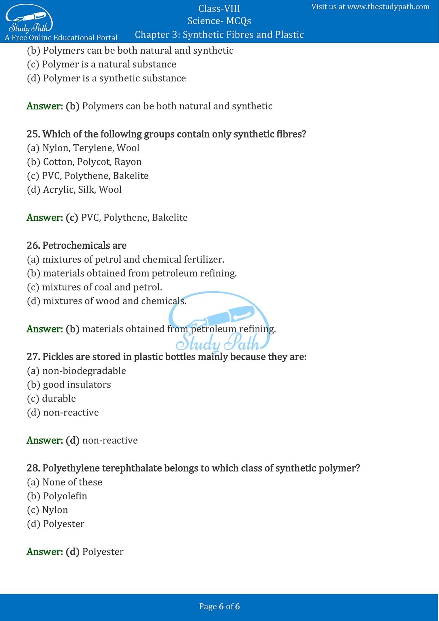 Class 8 Science Chapter 3 Synthetic Fibres and Plastics MCQ with Answers