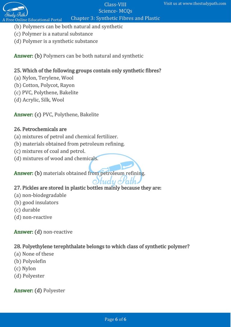 Class 8 Science Chapter 3 Synthetic Fibres and Plastics MCQ with Answers
