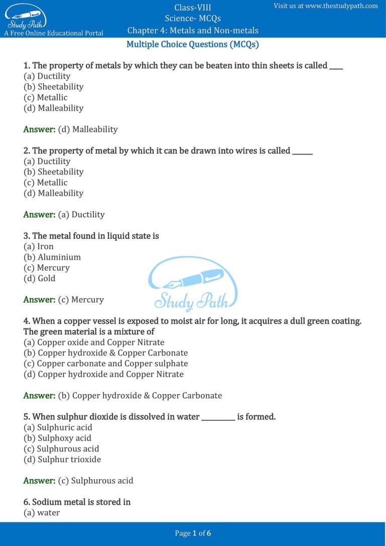 Class 8 Science Chapter 4 Materials Metals and Non-metals MCQ with Answers