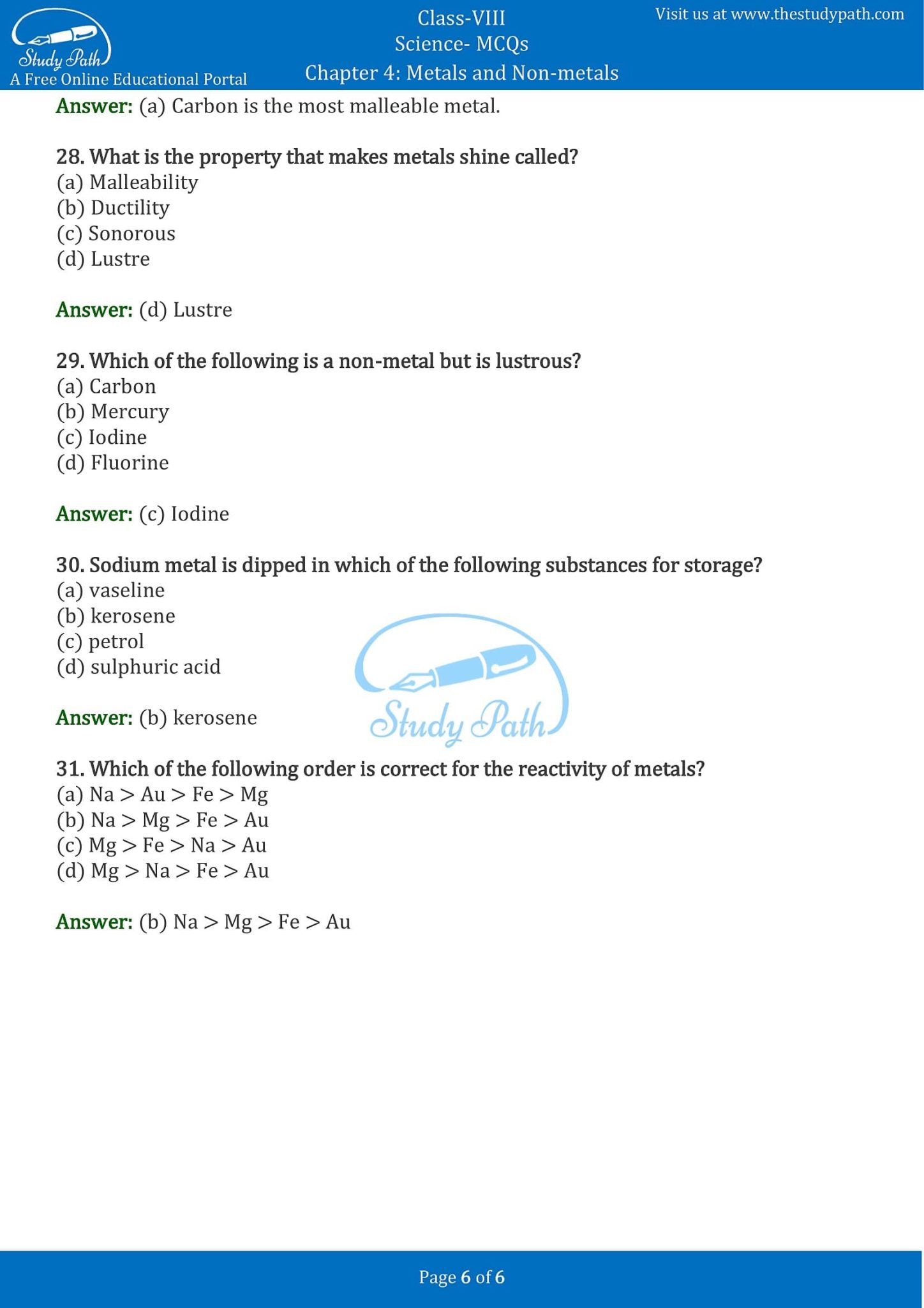 Class 8 Science Chapter 4 Materials Metals and Non-metals MCQ with Answers