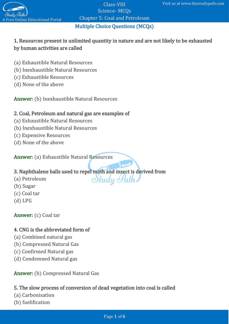 Class 8 Science Chapter 5 Coal And Petroleum MCQ With Answers class-8-science-chapter-5-coal-and-petroleum-mcq-with-answers