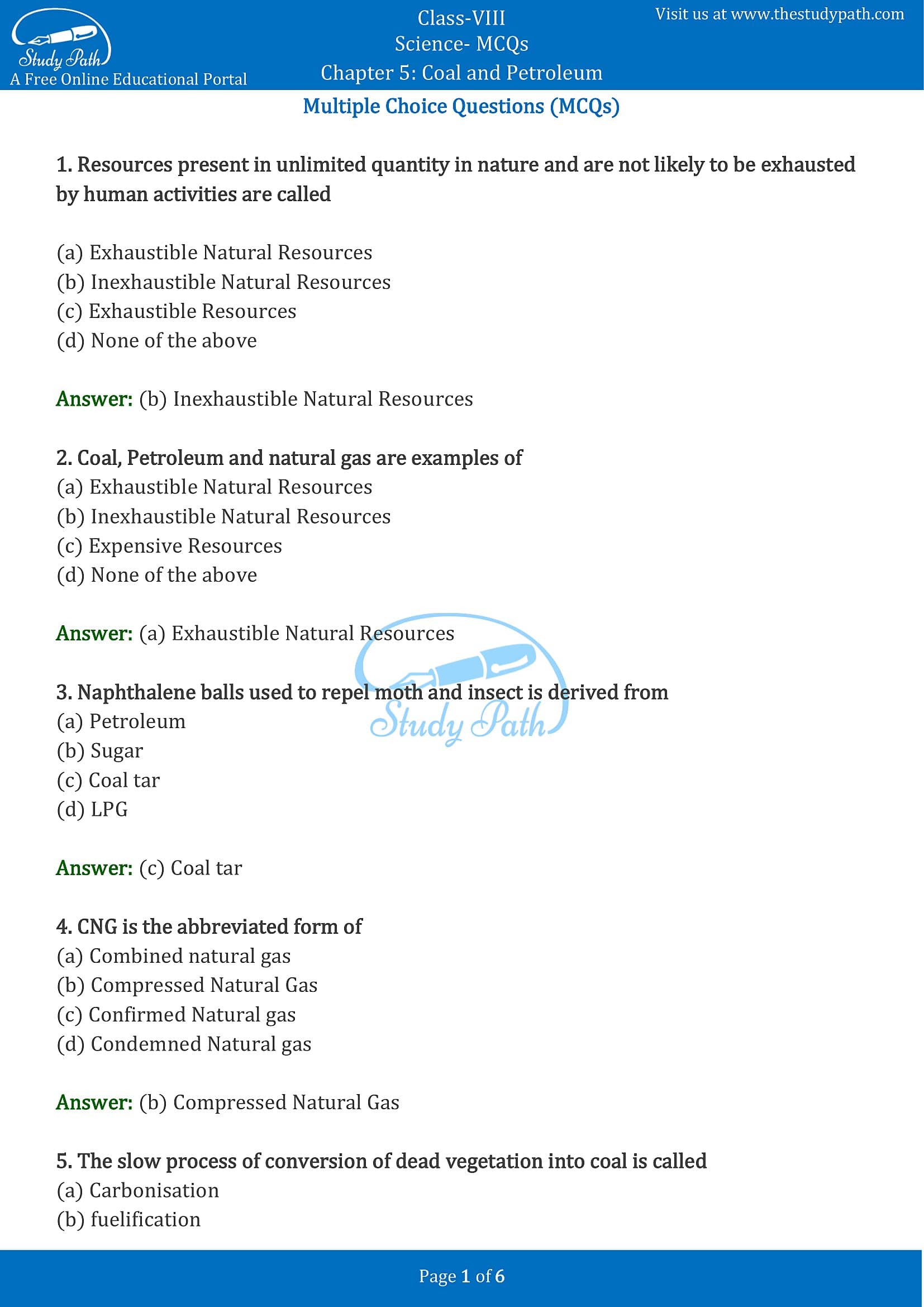 Class 8 Science Chapter 5 Coal And Petroleum MCQ With Answers