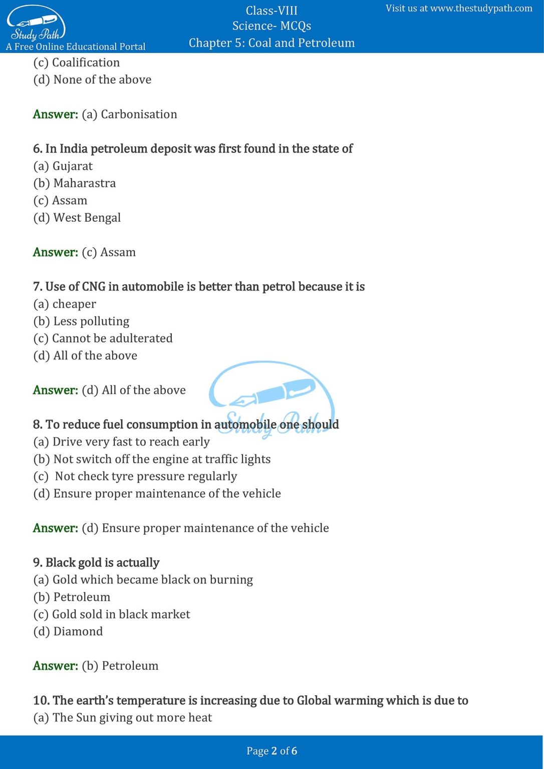 Class 8 Science Chapter 5 Coal and Petroleum MCQ with Answers