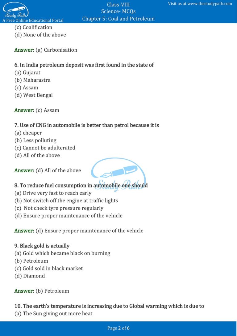 Class 8 Science Chapter 5 Coal and Petroleum MCQ with Answers