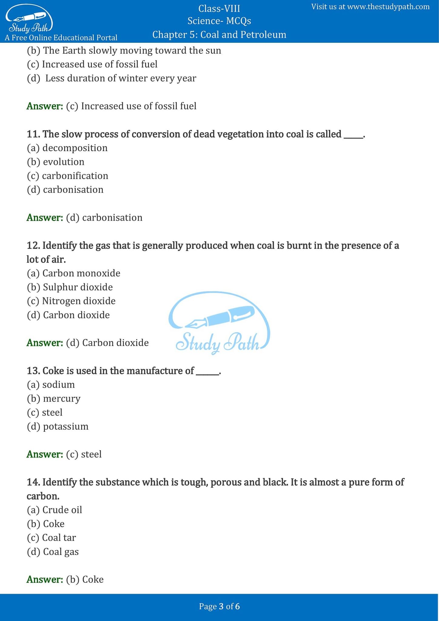 Class 8 Science Chapter 5 Coal and Petroleum MCQ with Answers