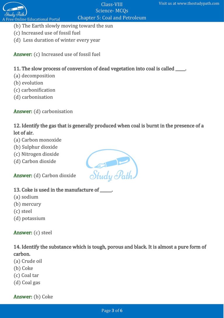 Class 8 Science Chapter 5 Coal and Petroleum MCQ with Answers
