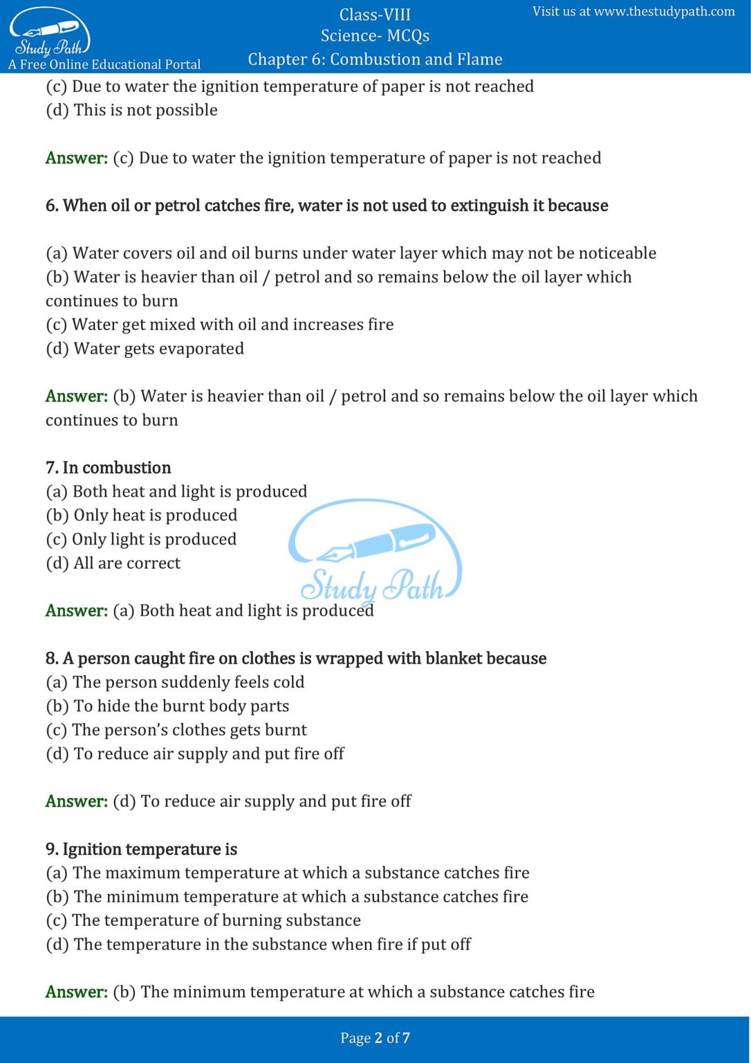 Class 8 Science Chapter 6 Combustion and Flame MCQ with Answers
