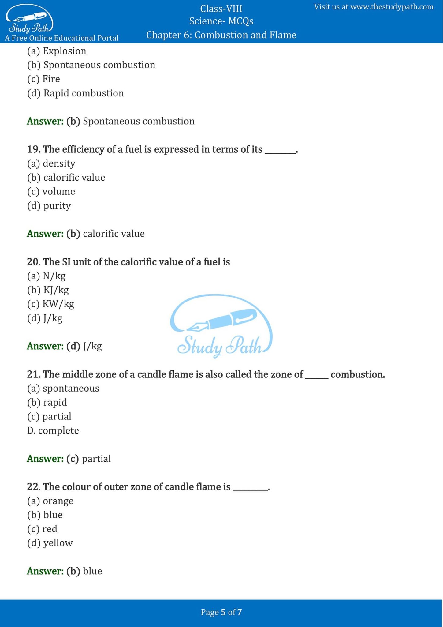 Class 8 Science Chapter 6 Combustion and Flame MCQ with Answers
