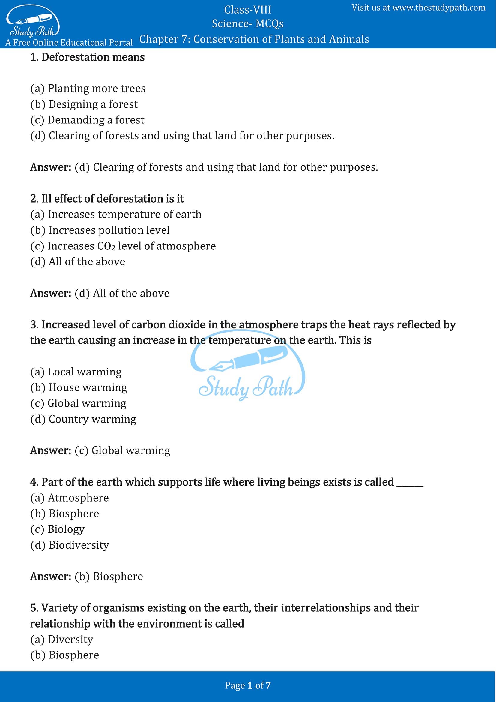 Class 8 Science Chapter 7 Conservation Of Plants And Animals MCQ With