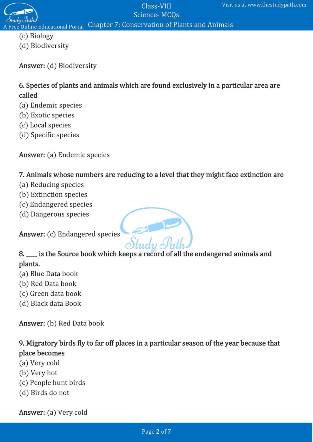 Class 8 Science Chapter 7 Conservation of Plants and Animals MCQ with ...