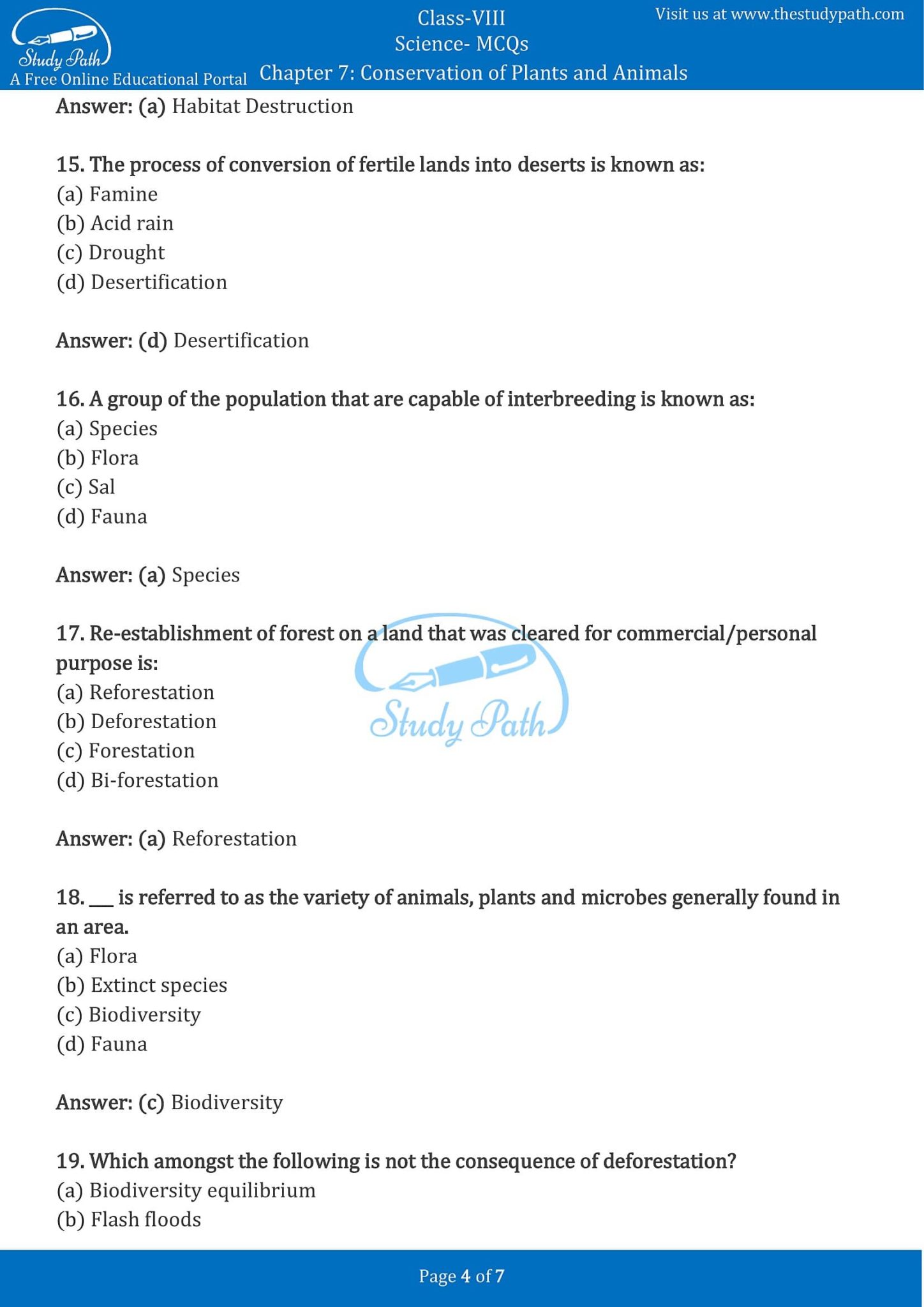 Class 8 Science Chapter 7 Conservation of Plants and Animals MCQ with ...