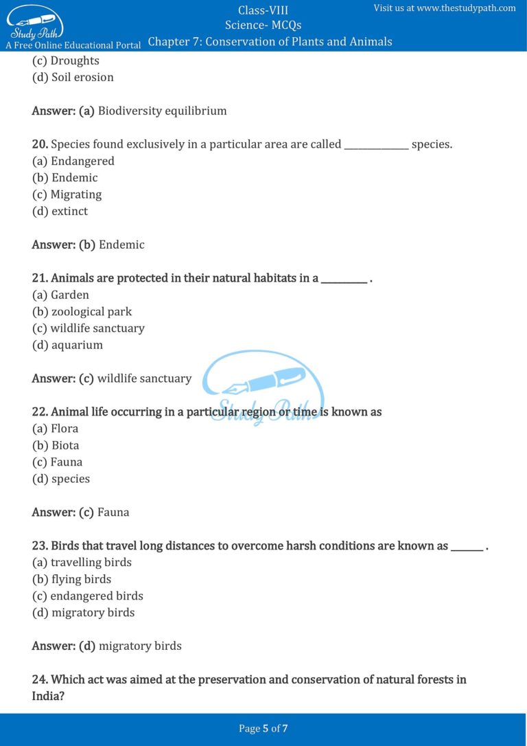 Class 8 Science Chapter 7 Conservation of Plants and Animals MCQ with ...