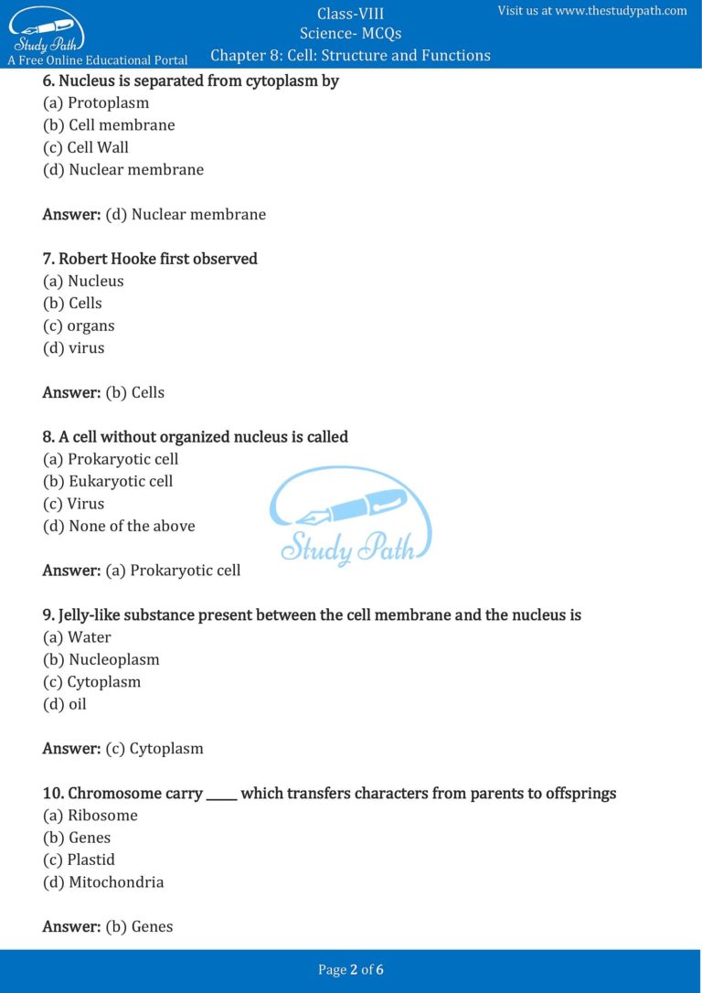 Class 8 Science Chapter 8 Cell Structure and Functions MCQ with Answers