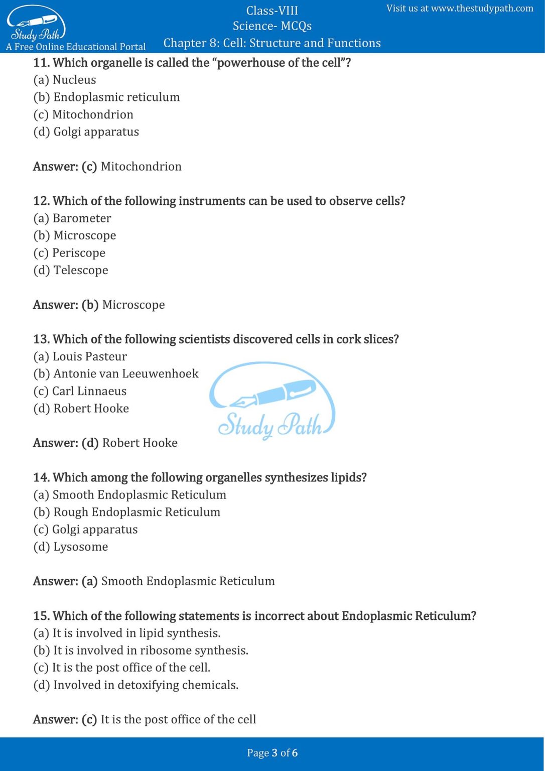 Class 8 Science Chapter 8 Cell Structure and Functions MCQ with Answers